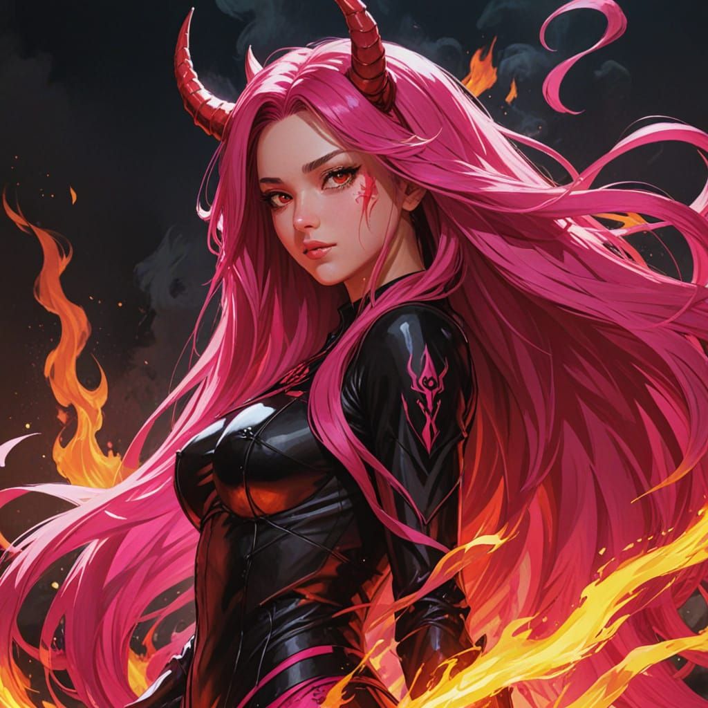 Sultry Demon Maiden in Vibrant Flat Design - AI Art