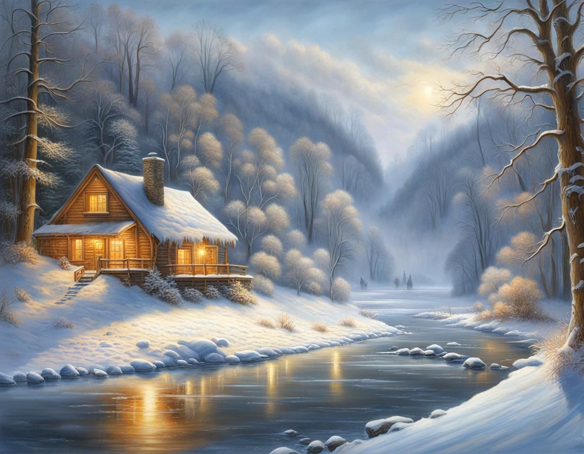 silverpoint illustration of winding winter country river, Fibonacci ...