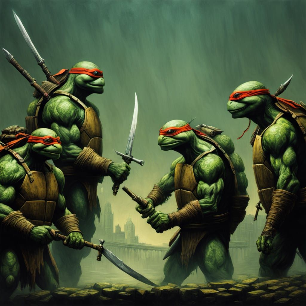 Turtle Shell Warriors in a Surrealist Cityscape - AI Art