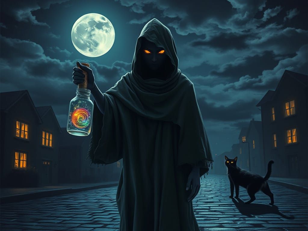 Mysterious Shadow Figure Plucks Dreams from the Ni... - AI Art