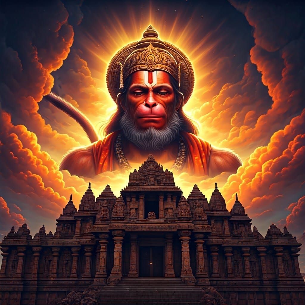 Majestic Hanuman Face Rises Above Hindu Temple - AI Art