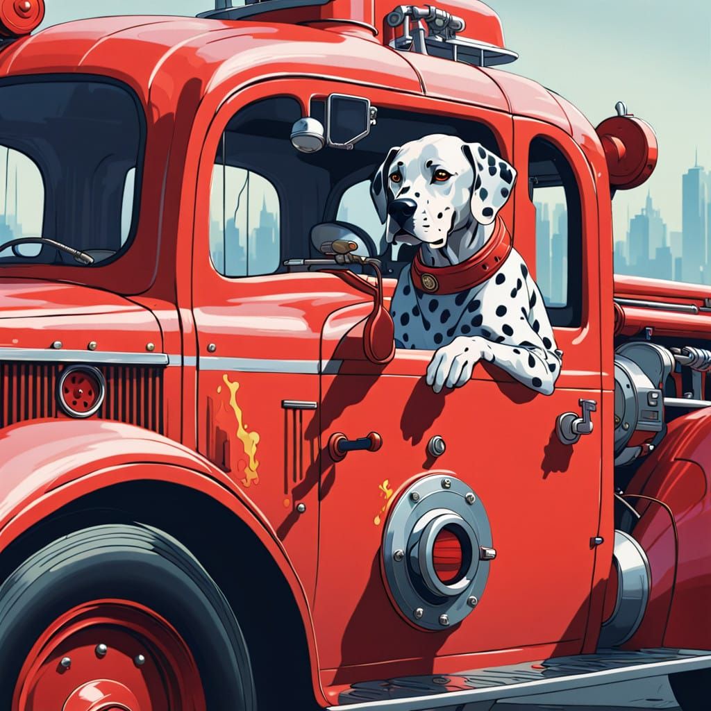 Dalmatian firefighter driving a firetruck