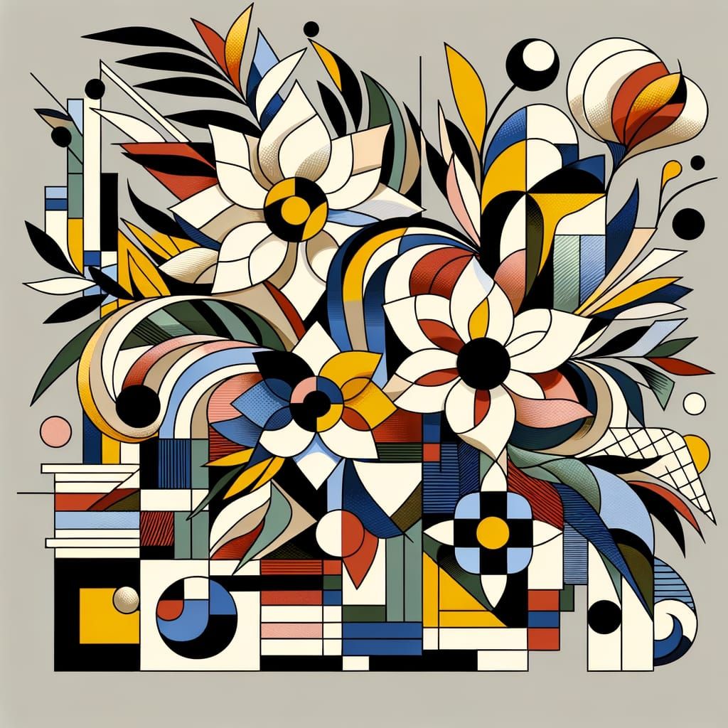 Cubist Floral Textile Print in Vibrant Primary Col... - AI Art