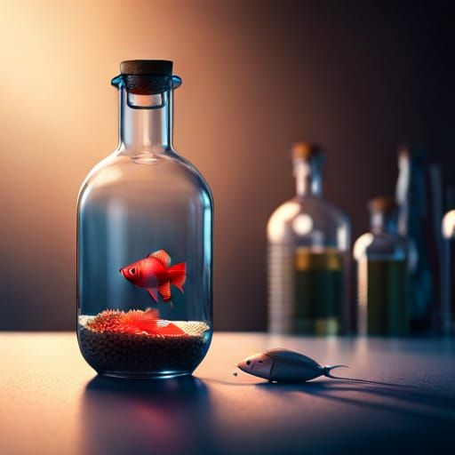 a fish dangling a fishing line inside a bottle with a fish in it ...