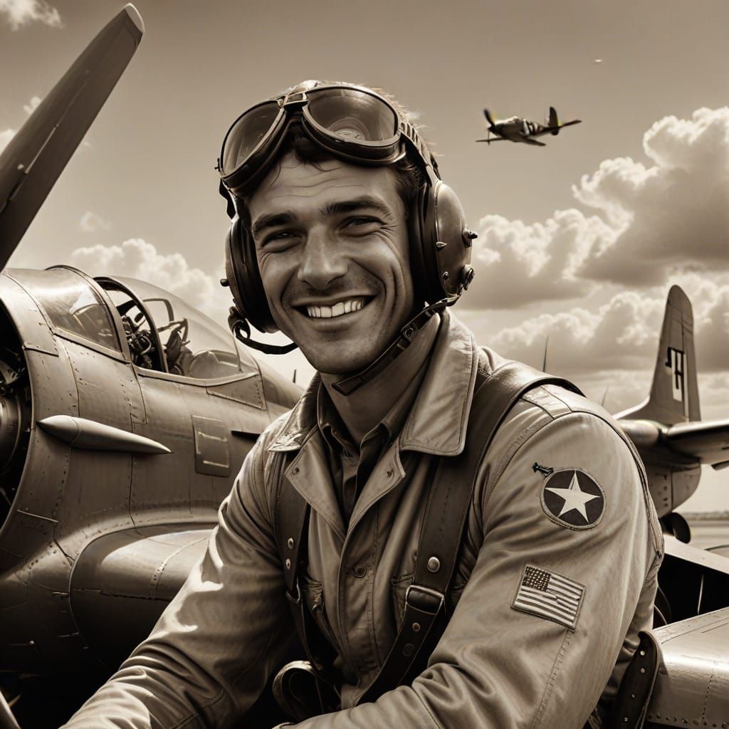 WWII American Fighter Pilot in Sepia Vintage Photo - AI Art