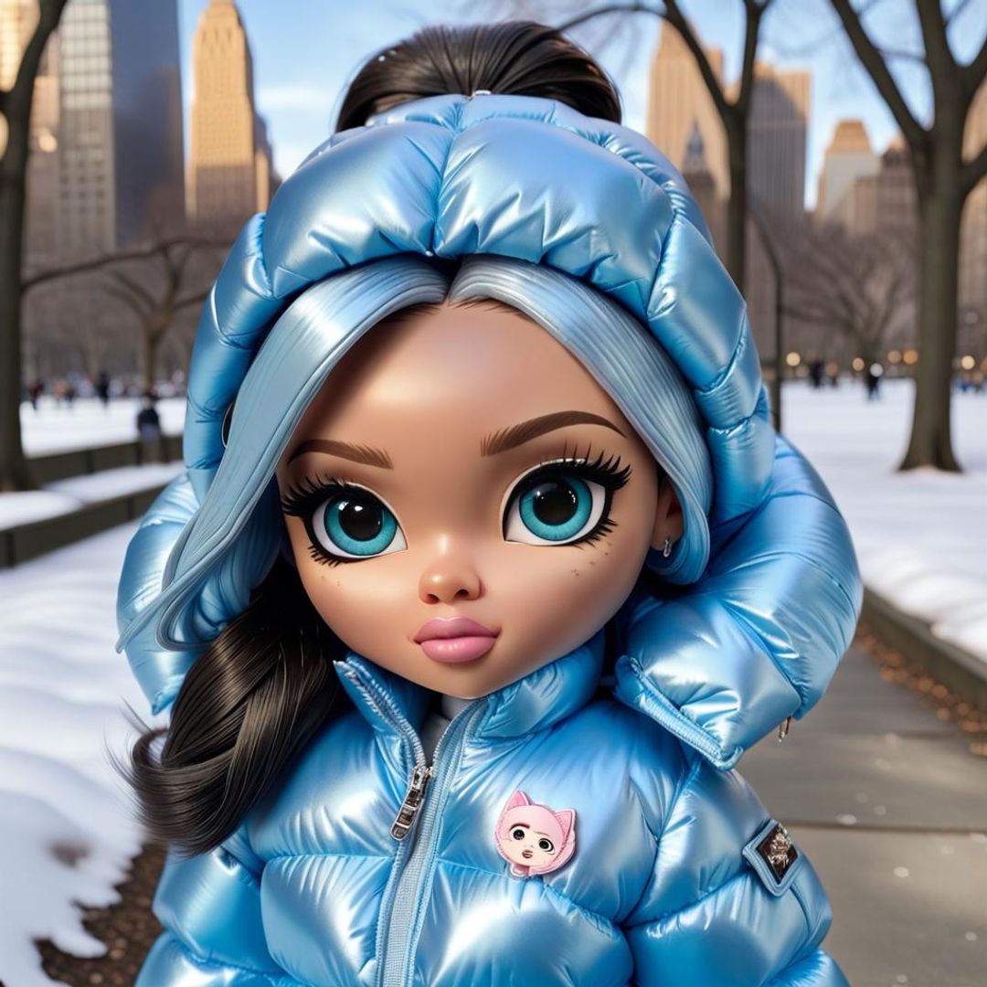 Bratz style chibi, in a shiny light-blue nylon puffer down jacket, in a ...