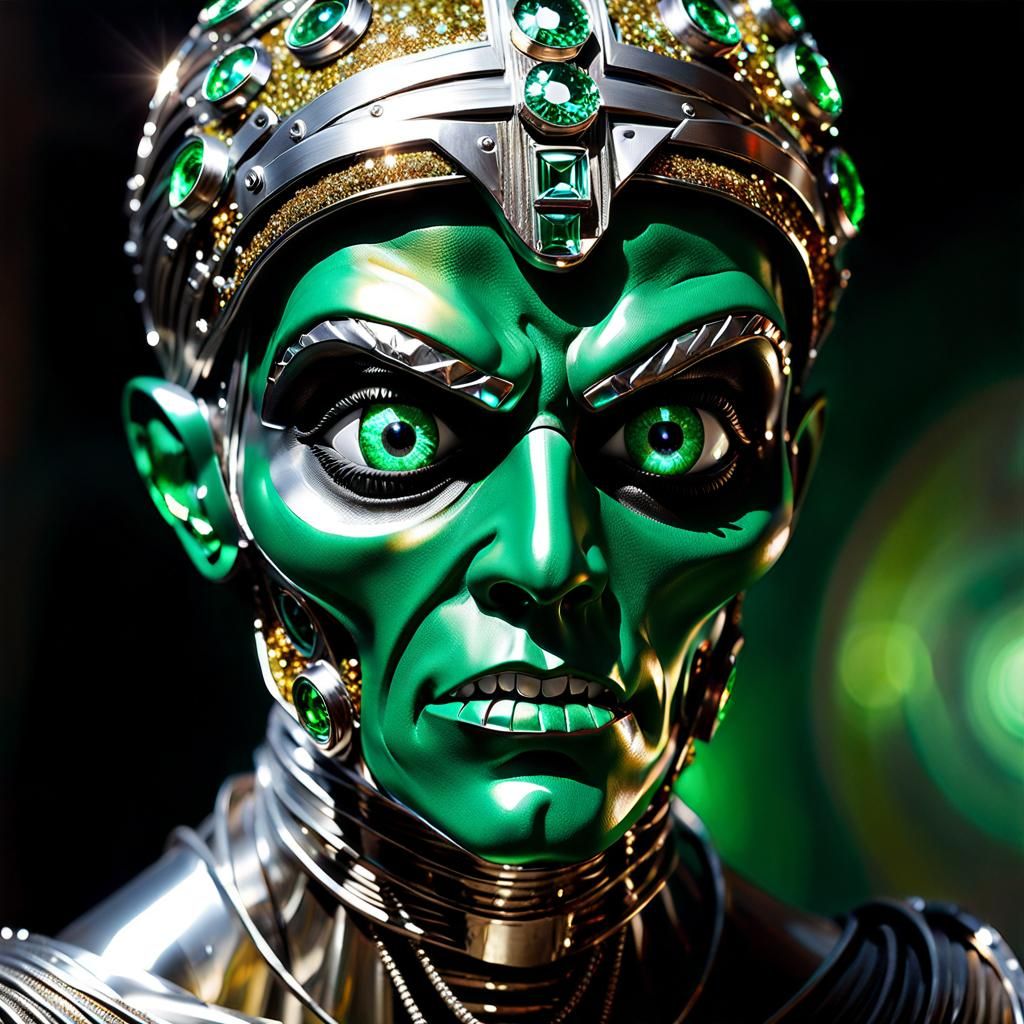 Close-up metallic mummy patched liquid and glitter sculpture with weird ...