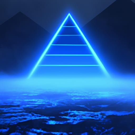 a futuristic translucent pyramid on Pluto, vibrant bright blue ...