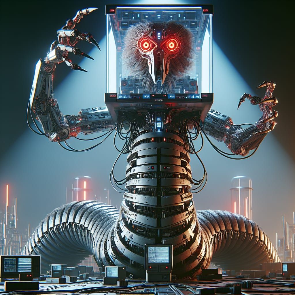 An evil, post-apocalyptic worm robot with a large boxy head, long arms ...