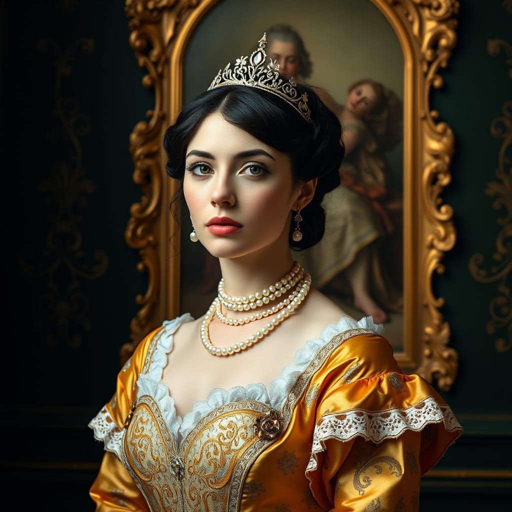 Elegant Baroque Lady in Golden Satin Gown - AI Art