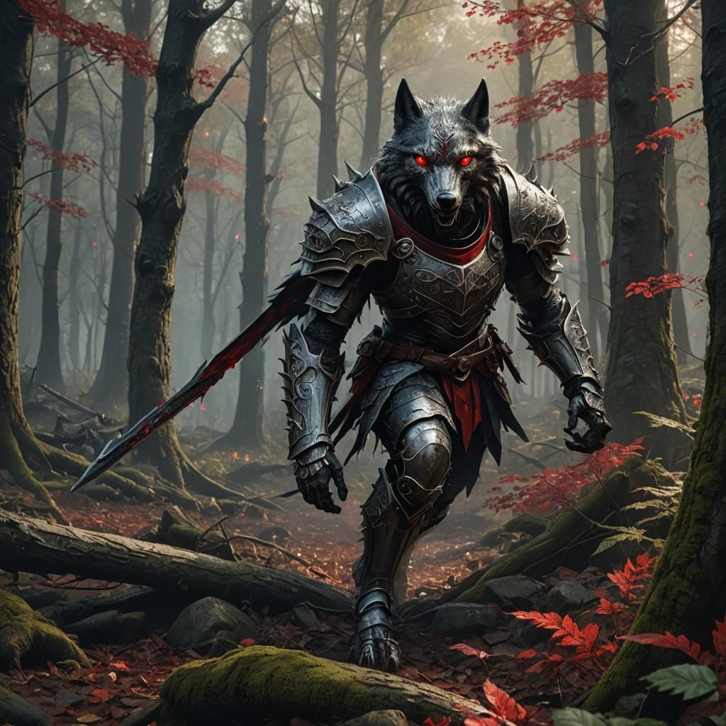 Knightwolf with red eyes in woods - AI Generated Artwork - NightCafe ...
