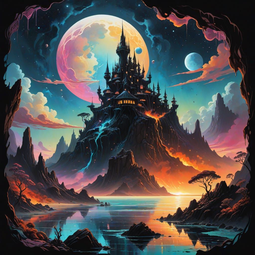 Fantasy Castle - Ethereal Cosmic Spire in Vibrant Sunset Hue...
