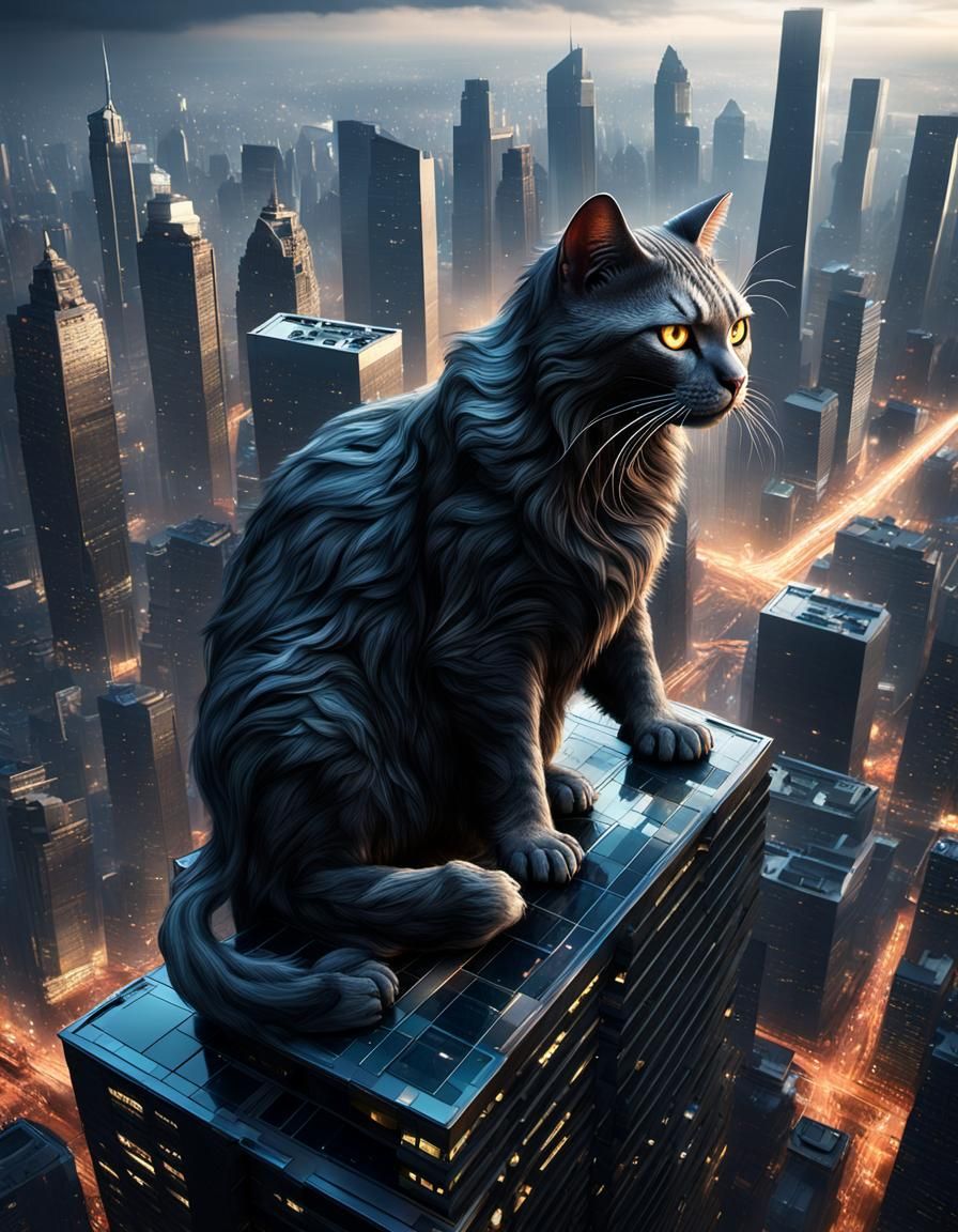 a astonishing giant Cat on the top of big skyscraper on the metropole ...