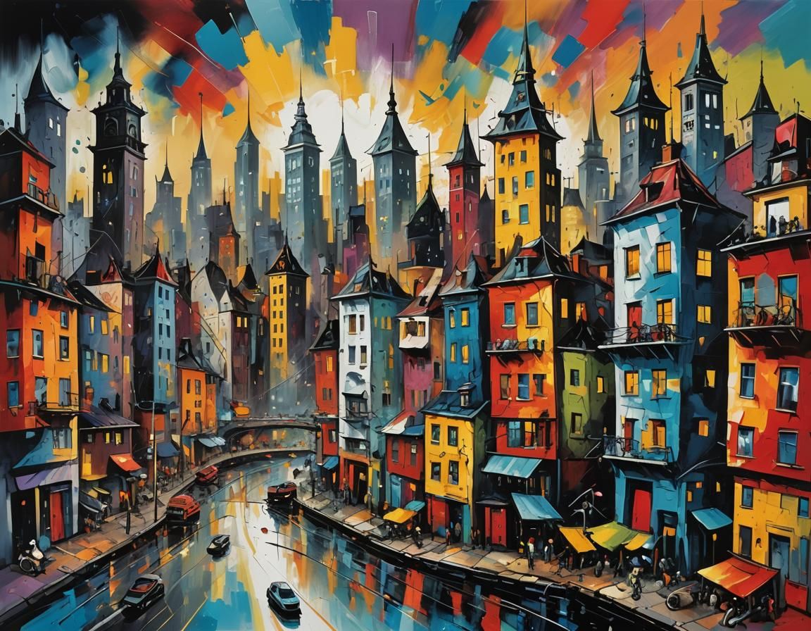 A surreal cityscape by Herman Brood, depicting a bustling urban ...