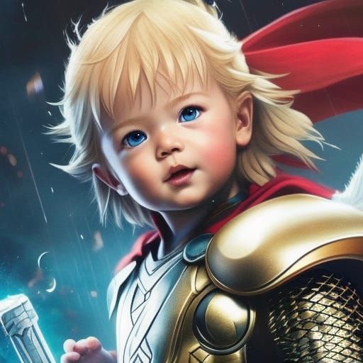 cute baby Thor; anime portrait by carne Griffiths, Krenz Cushart, Huang ...