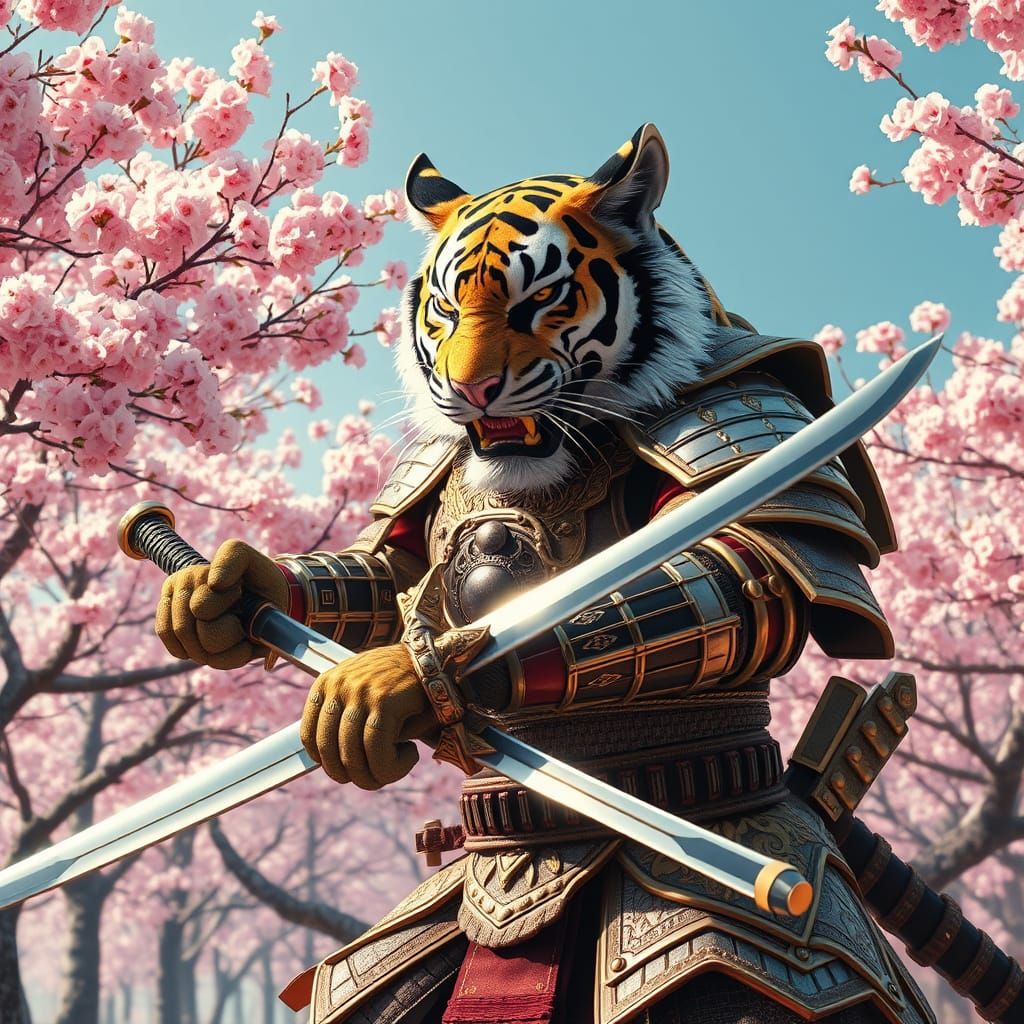 Extremely angry, A realistic, full body armored Tiger samurai, adorned ...