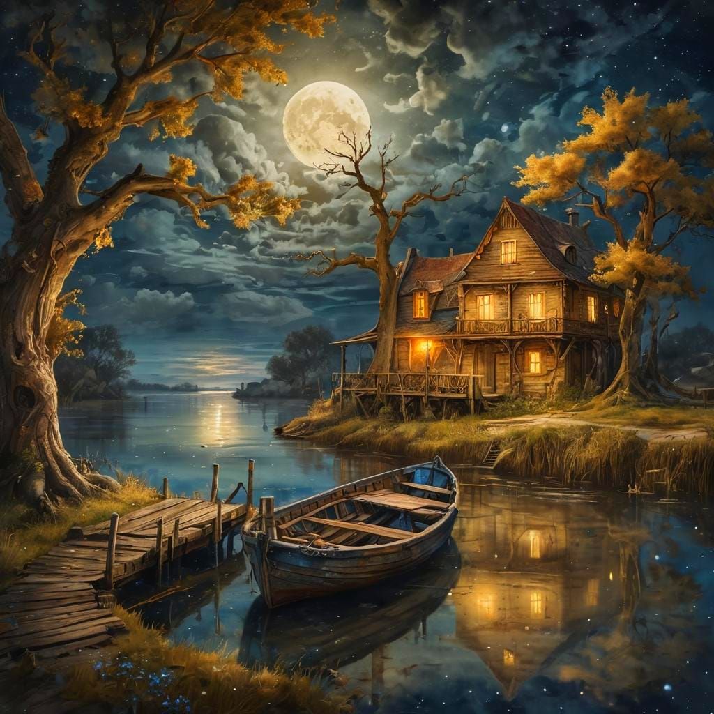 Beautiful night - Golden Night with Oak Forest and River in ...