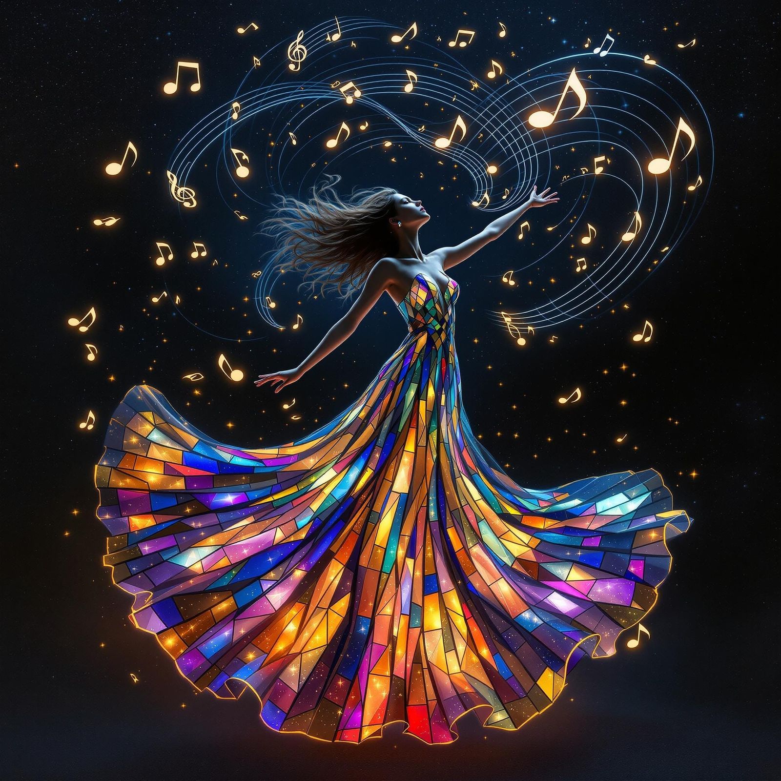 Mystical Melody Dancer in Stained Glass Gown at Ni... - AI Art