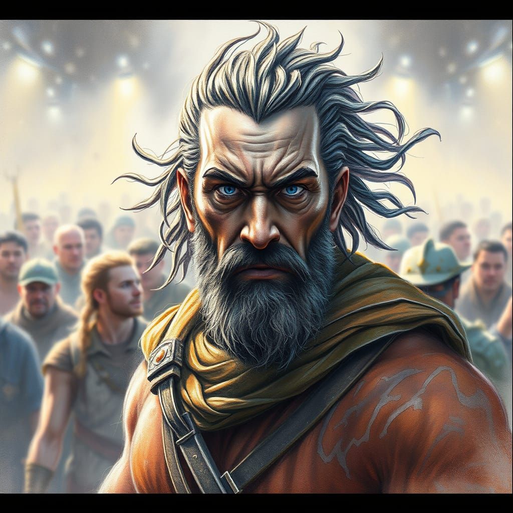 The Warrior standing defiantly against a blurred, faceless crowd