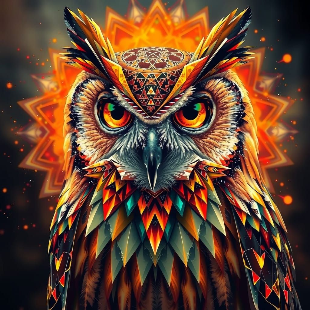Sacred Geometry Owl in Vibrant Colors - AI Art