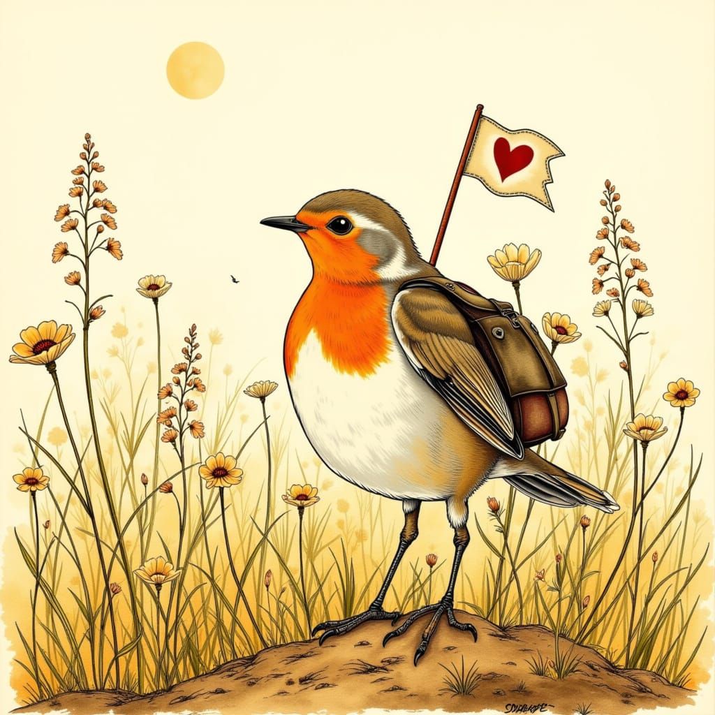 a proud robin with its chest out holding a flag