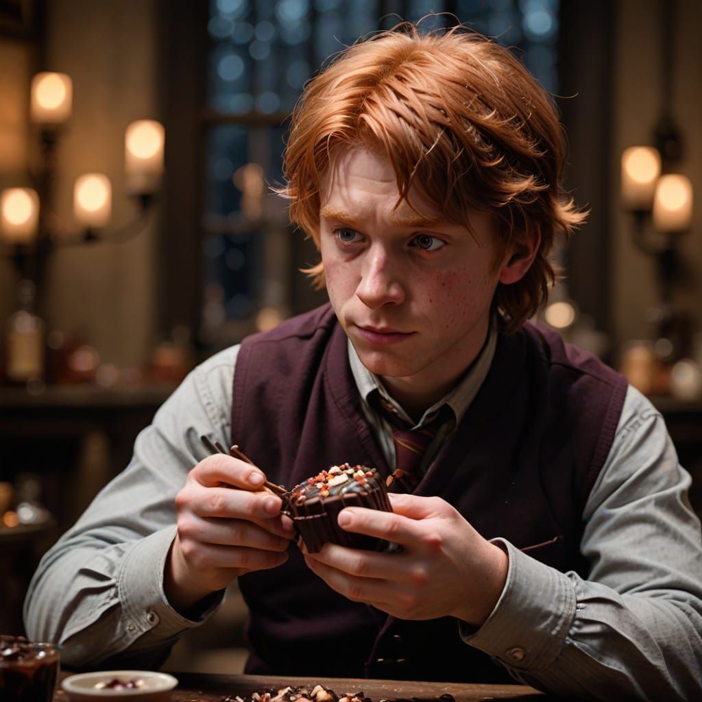 Ron Weasley eating love potion spiked chocolate