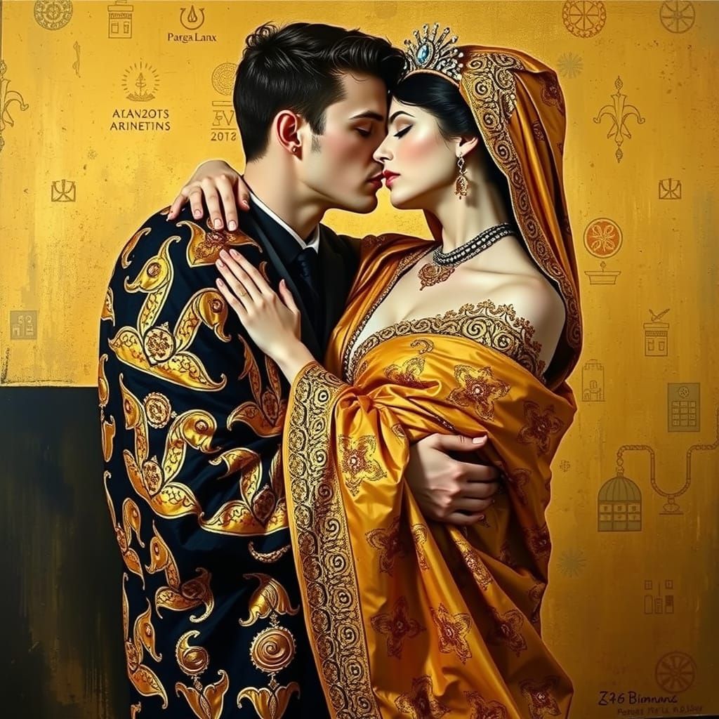 Couple Embracing in Luxurious Gold and Black Tapes... - AI Art