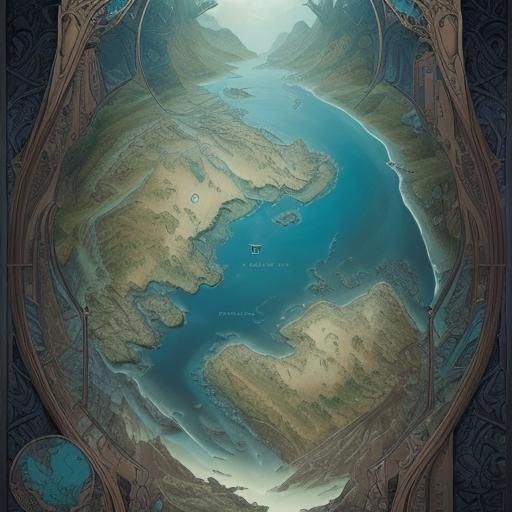 Map of the shallow sea: a map of archipelago, forested landmasses on ...