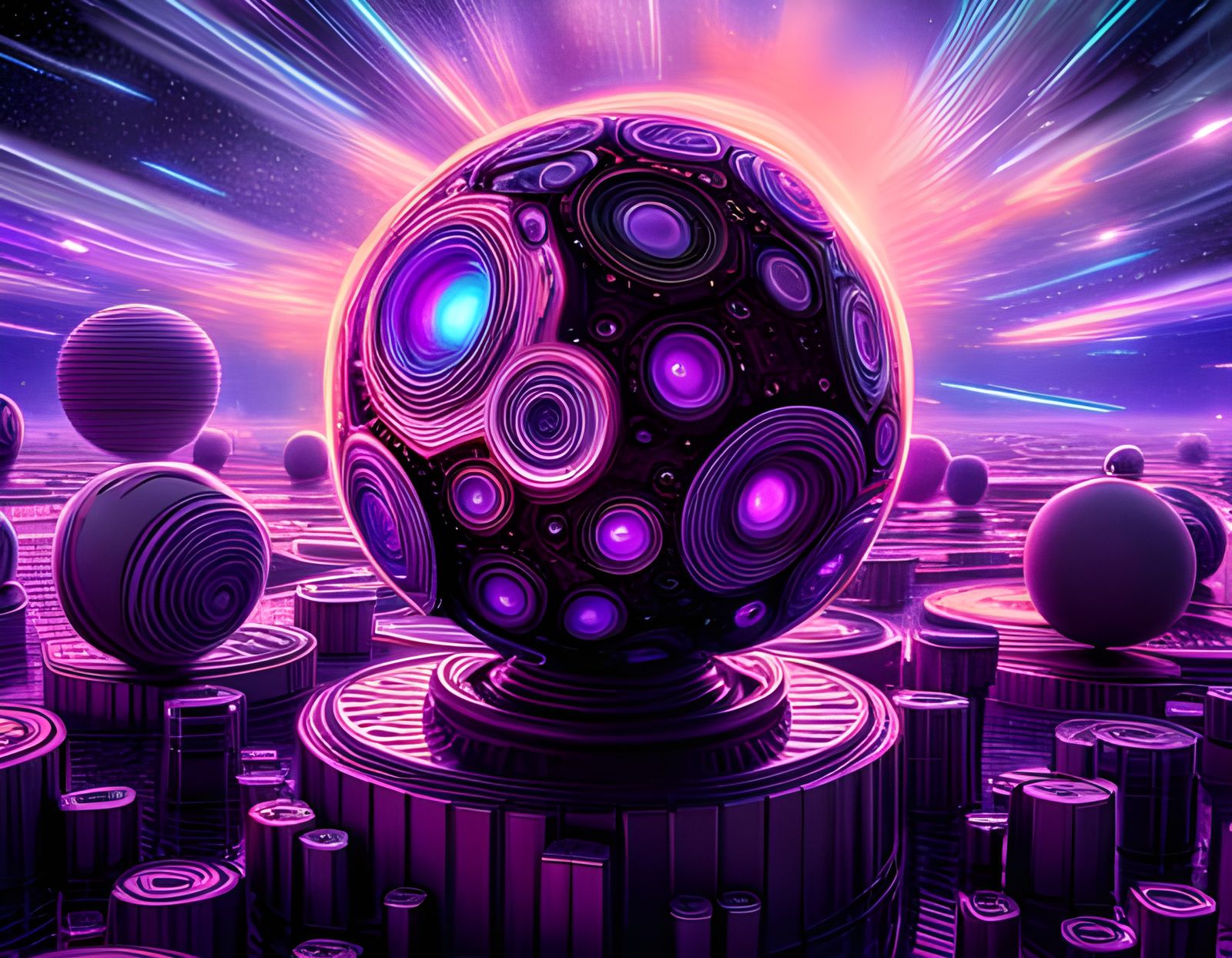 purple, greeble bioluminicent dieselpunk metal ball, purple greeble ...
