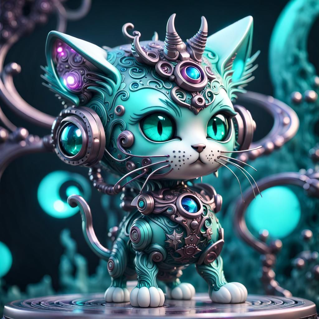 Swirled framing around a very cute fantastical biomechanical chibi cat ...