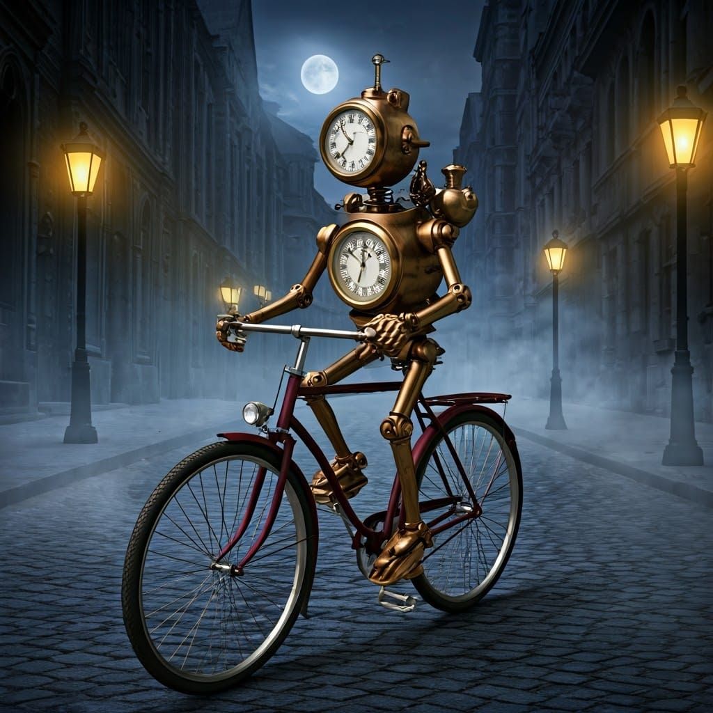 Steampunk Clockwork Robot Rides Vintage Bicycle Th... - AI Art