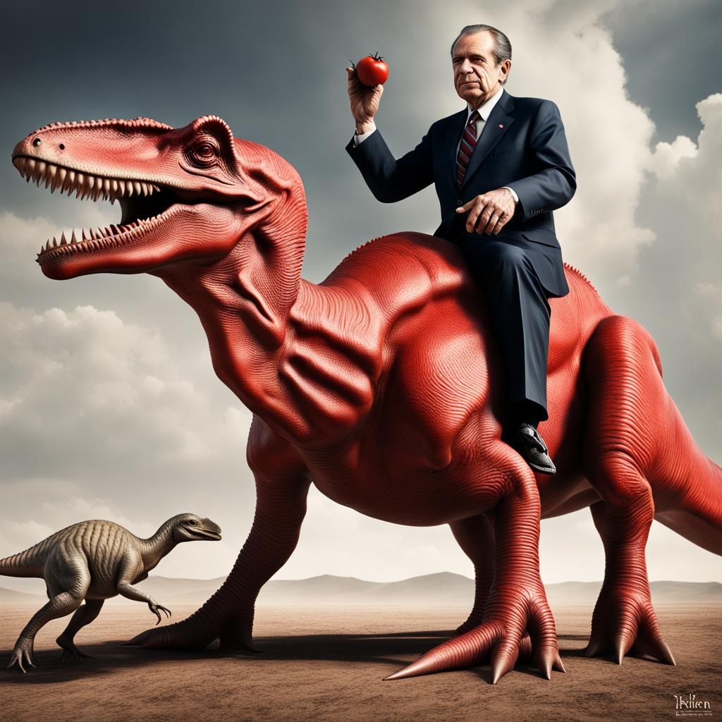 Richard Nixon riding a Parasaurolophus with tomato - AI Generated ...