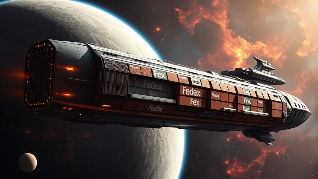 cargo spacecraft, rows of cargo containers line each side, colossal ...