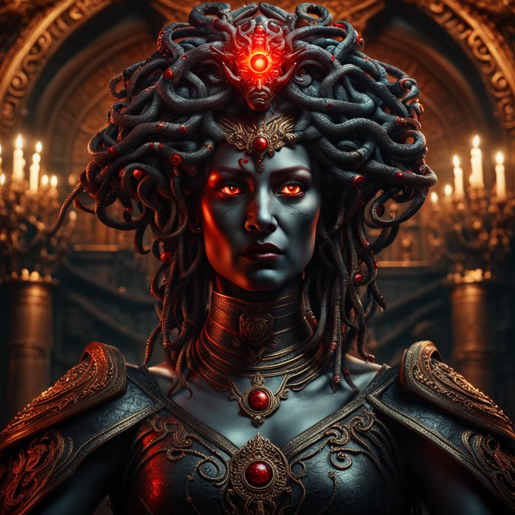 Photorealistic head and shoulder portrait of a majestic evil medusa ...