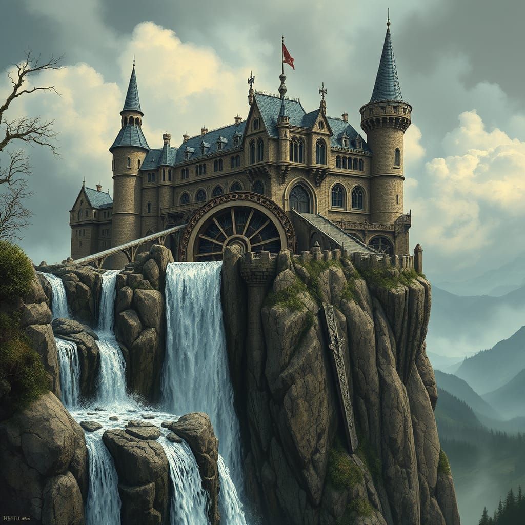 imagine a majestic vampire castle perched atop a towering cliff, with a ...