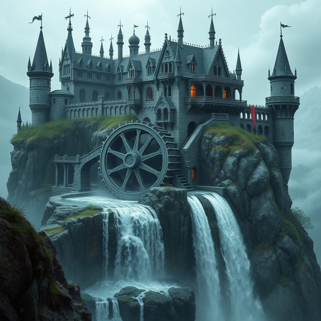 imagine a majestic vampire castle perched atop a towering cliff, with a ...