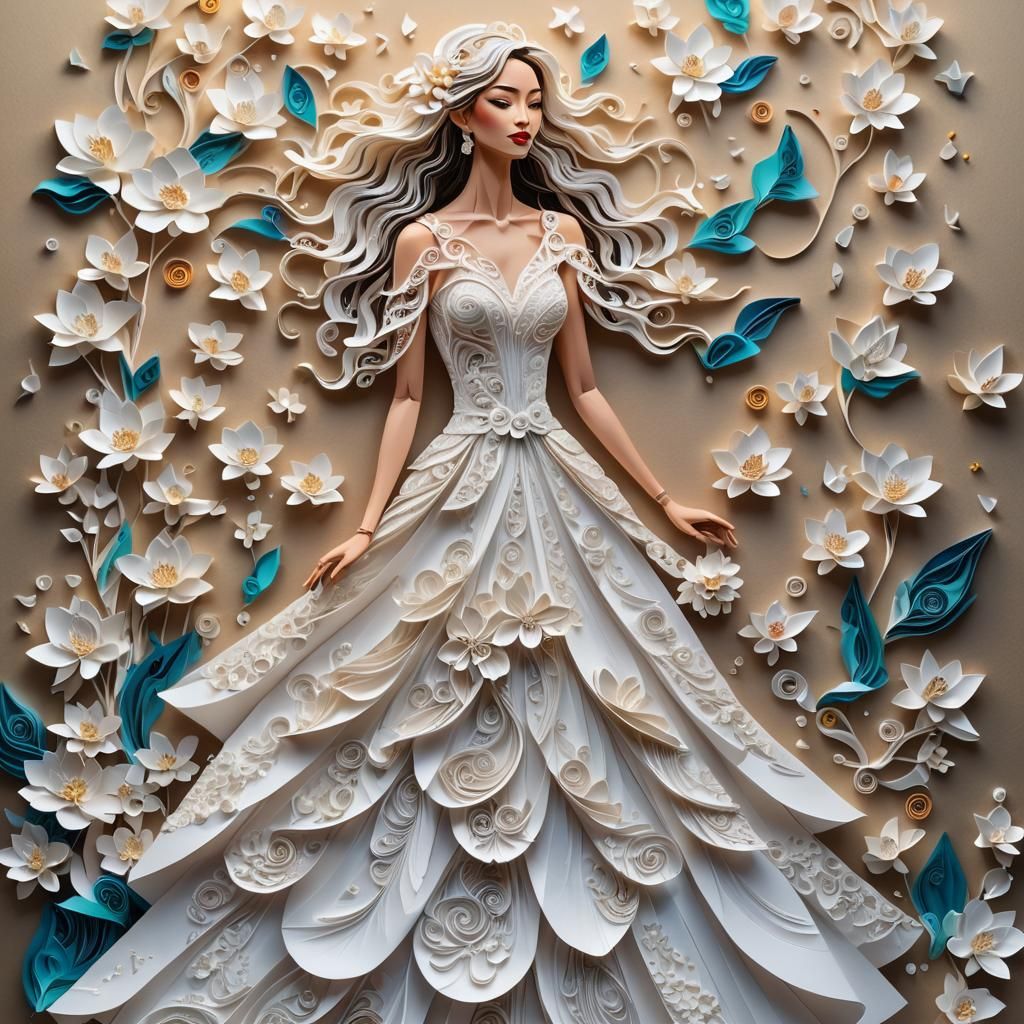 Quilled paper art, origami white lace wedding dress - AI Generated ...