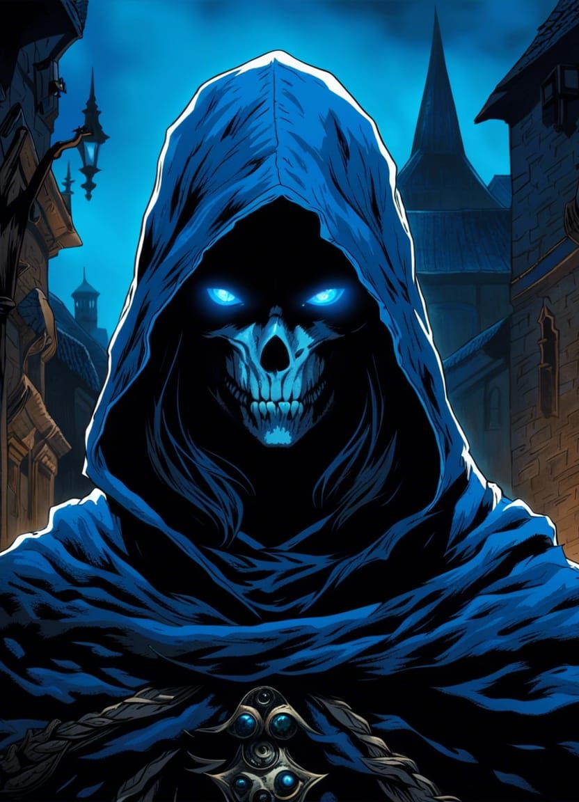 a hooded young undead, eyes glowing blue, exoskull, dark aura, upper ...