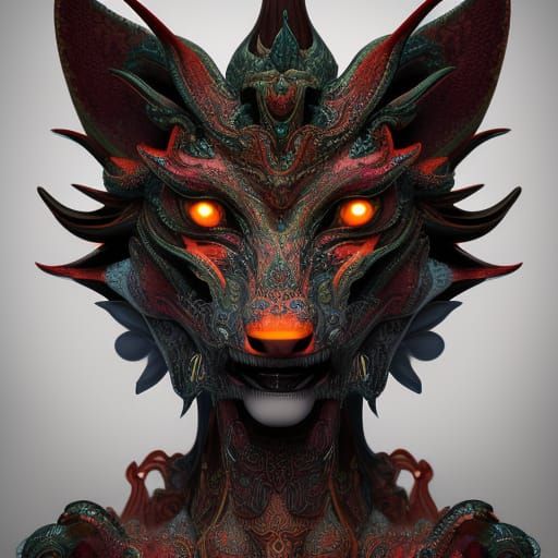ornate and intricate mythical fox demon| turbulent fluid| fractal ...