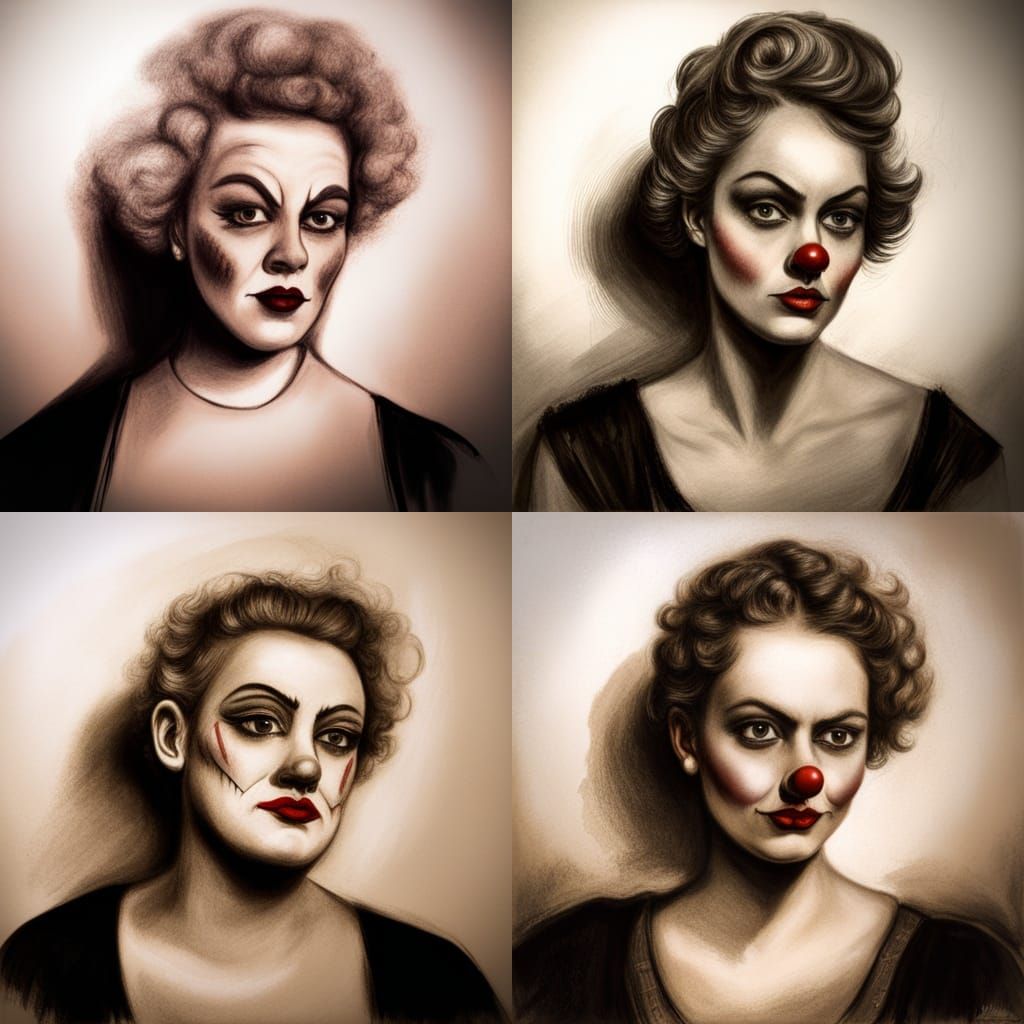 The face of a female clown, vintage hyperdetailed charcoal drawing - AI ...
