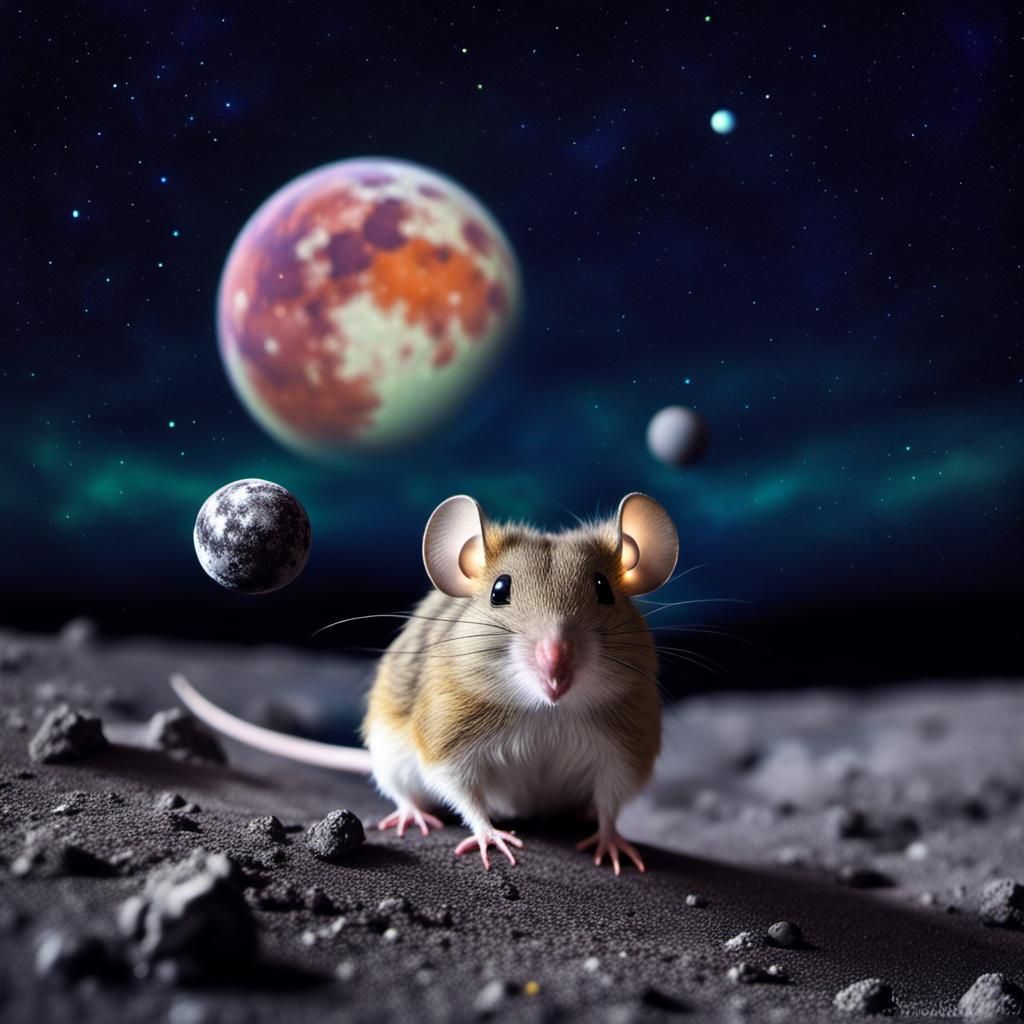 Photograph, Macro, The Mouse bird on the moon surface, starry night sky ...