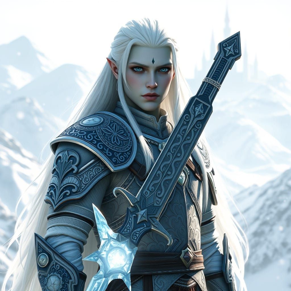 Regal Snow Elf Standing Amidst Majestic Mountains - AI Art