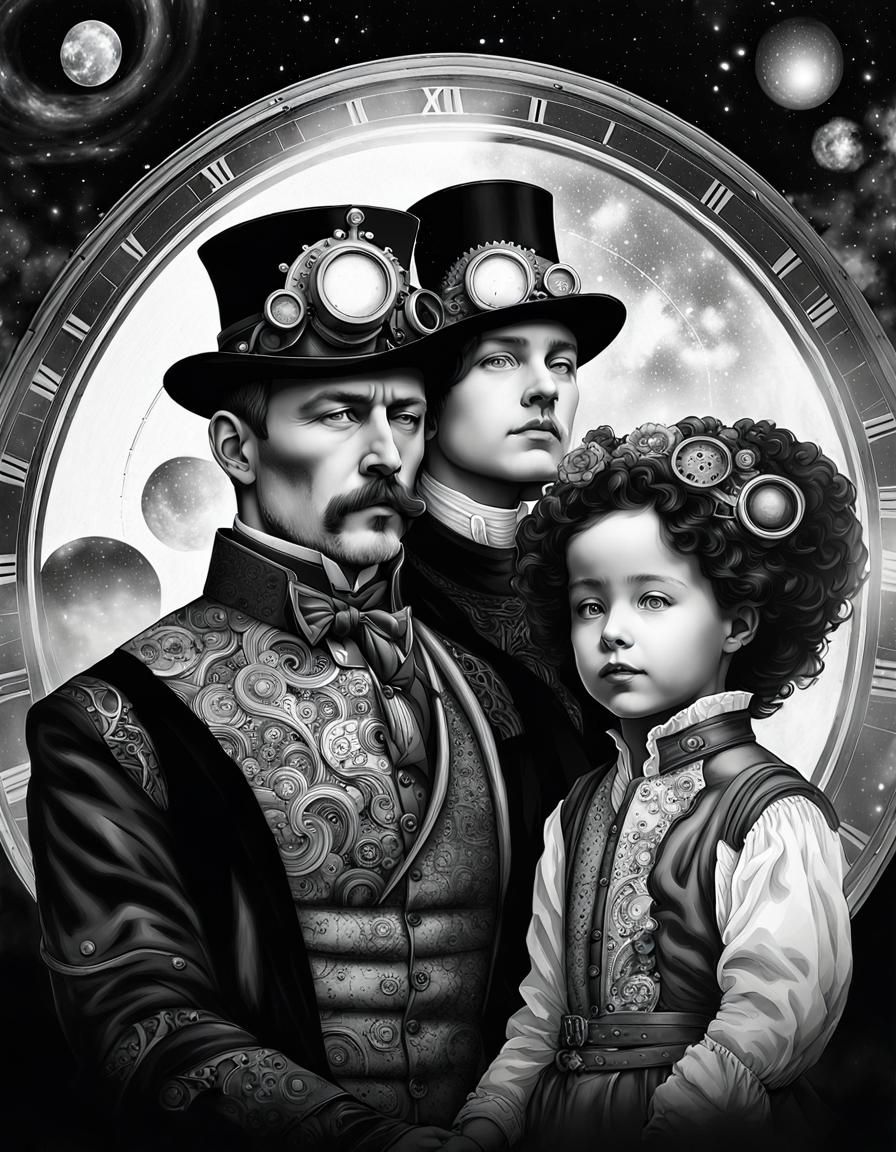 Black and White Portrait of a Steampunk Noble Family v1 - AI Generated ...