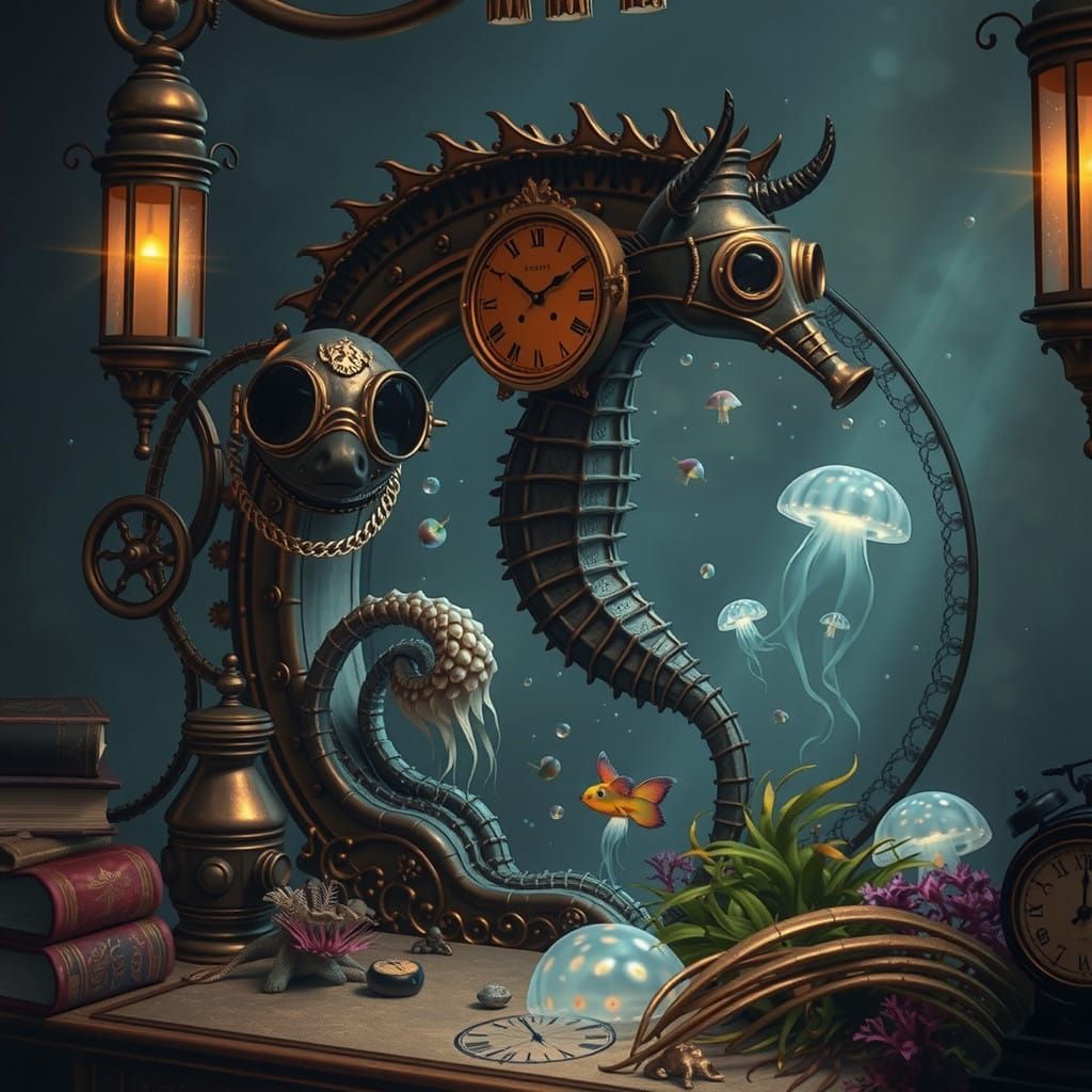 Steampunk Seahorse Aquarium with Alien Sea Creatur... - AI Art