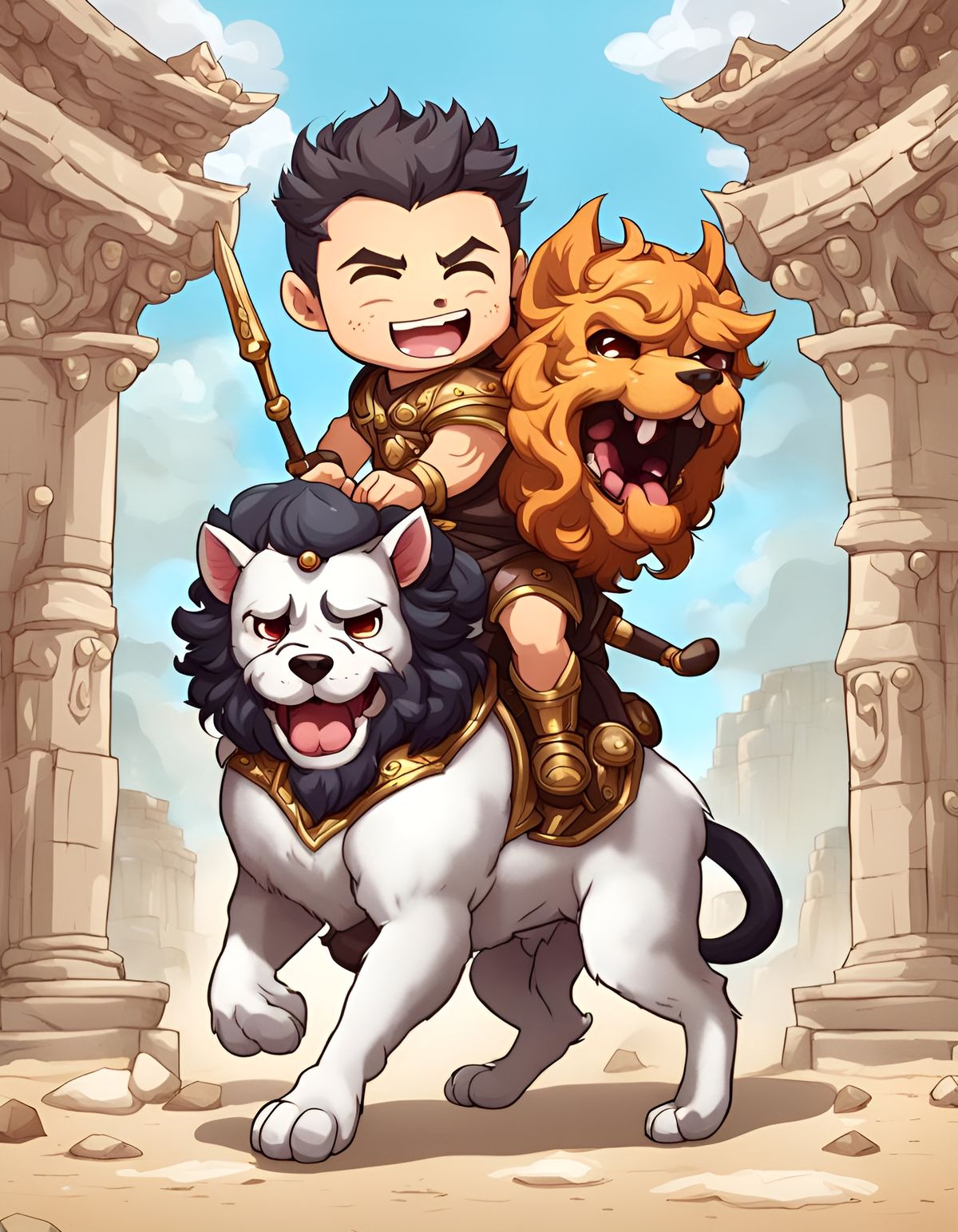 Chibi Hercules And His Chibi Dog Riding Together On The Back Of His ...