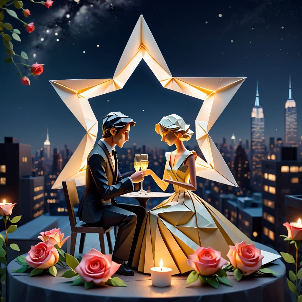 Origami art - Romantic Origami Scene with Candlelit Dinner