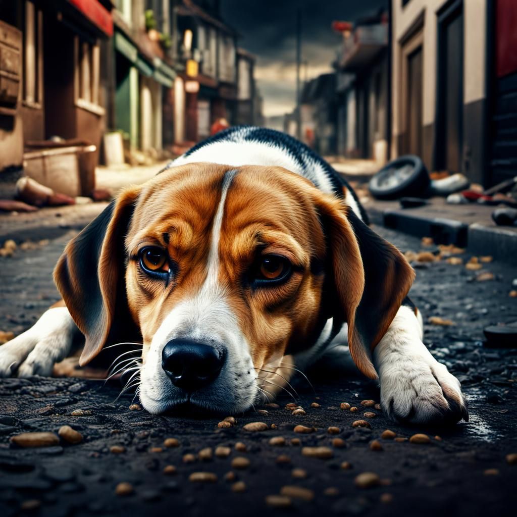 Sad Beagle lying down on dirty Street - AI Generated Artwork ...