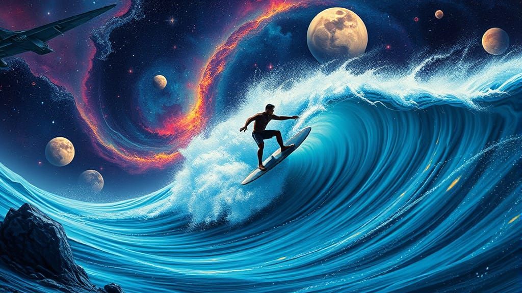 Cosmic Surfer Rides Wave of Iridescent Space Dust - AI Art