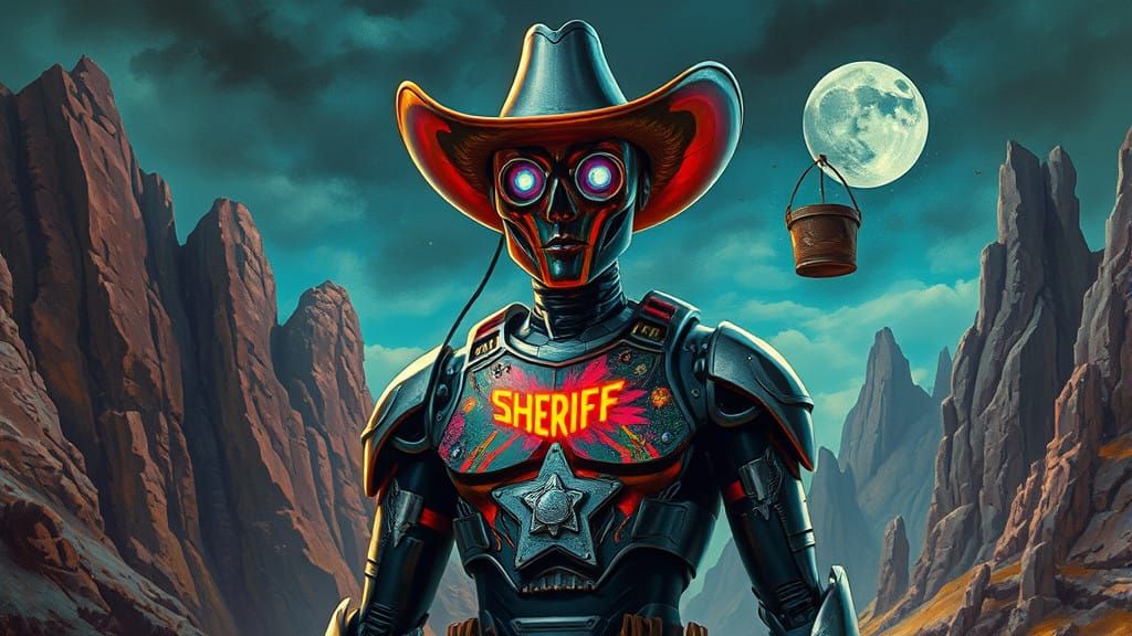 Cybernetic Cowboy Android Faces Off in a Haunting,... - AI Art