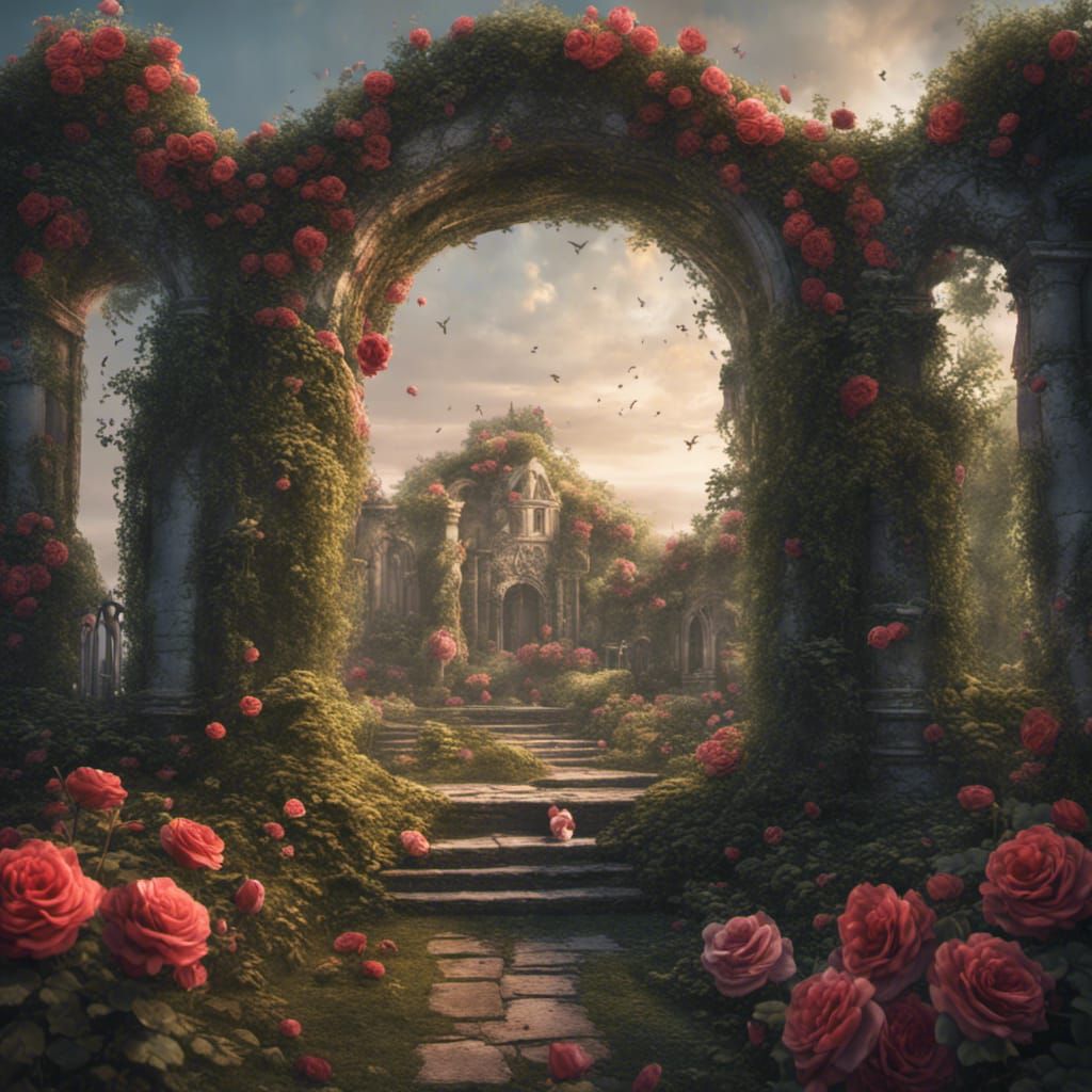 A rose garden overgrowing a ruin - AI Generated Artwork - NightCafe Creator